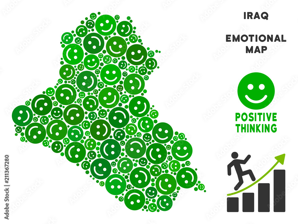 Joy Iraq map composition of smile emojis in green tinges. Positive ...