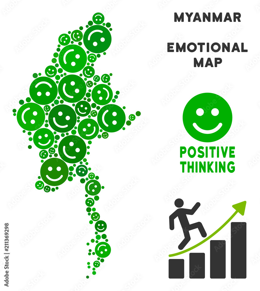 Joy Myanmar map mosaic of smileys in green variations. Positive ...