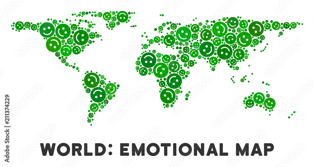 Joy world map composition of smileys in green tints. Positive thinking ...