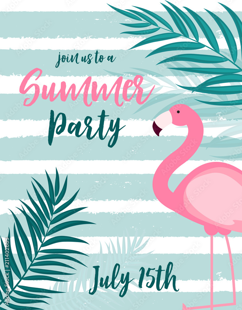 Abstract Summer Party Background with Palm Leaves and Flamingo. Vector ...