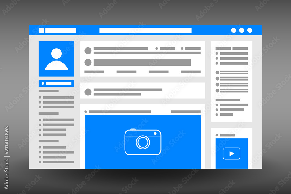 Web page user interface template. Social network website browser window. UI design in flat style ...