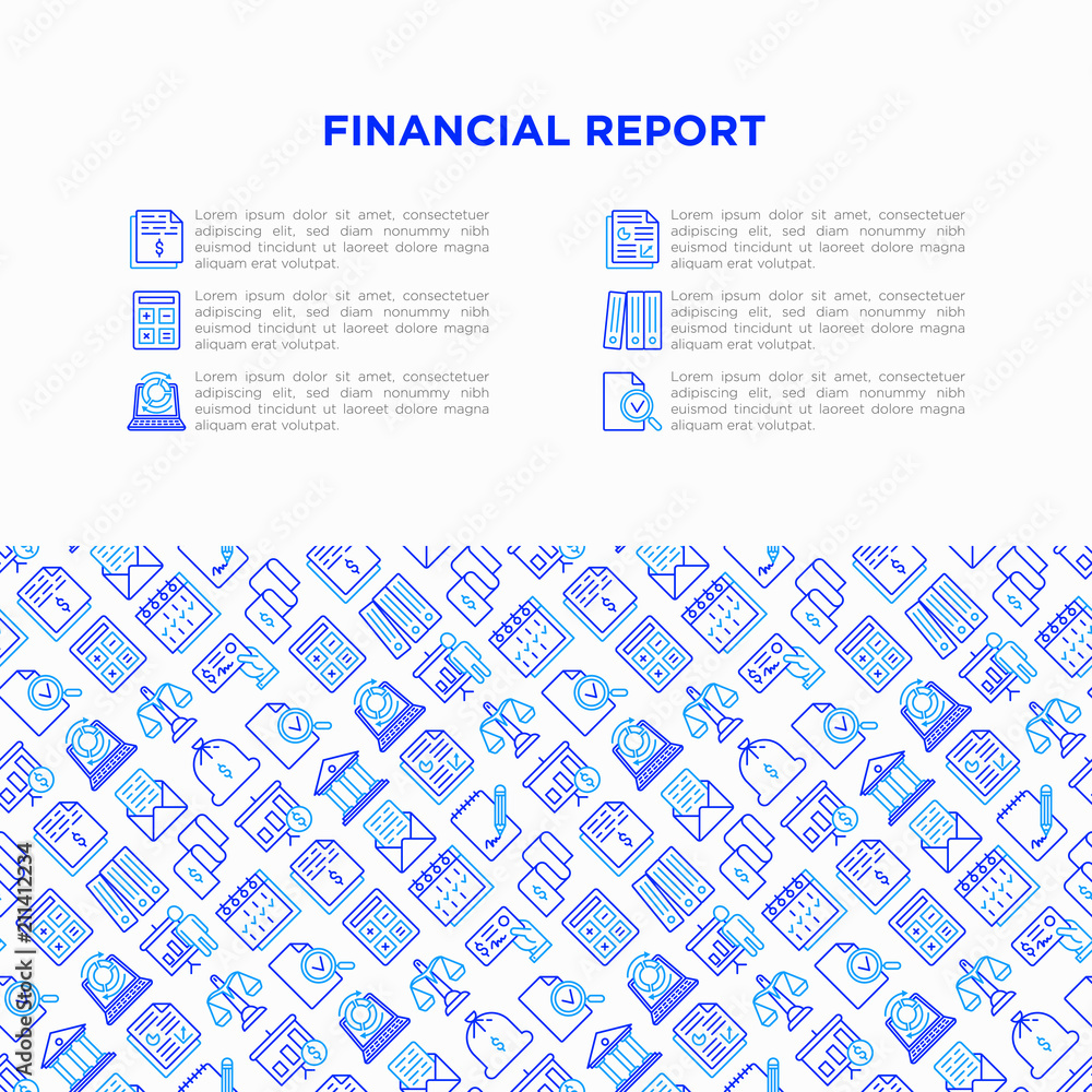 Financial report concept with thin line icons: bank, financial ...