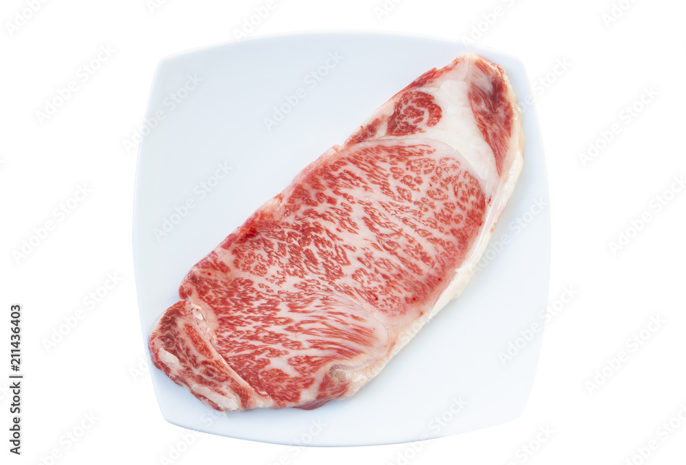 raw wagyu sirloin with plate isolated on white background. japanese ...