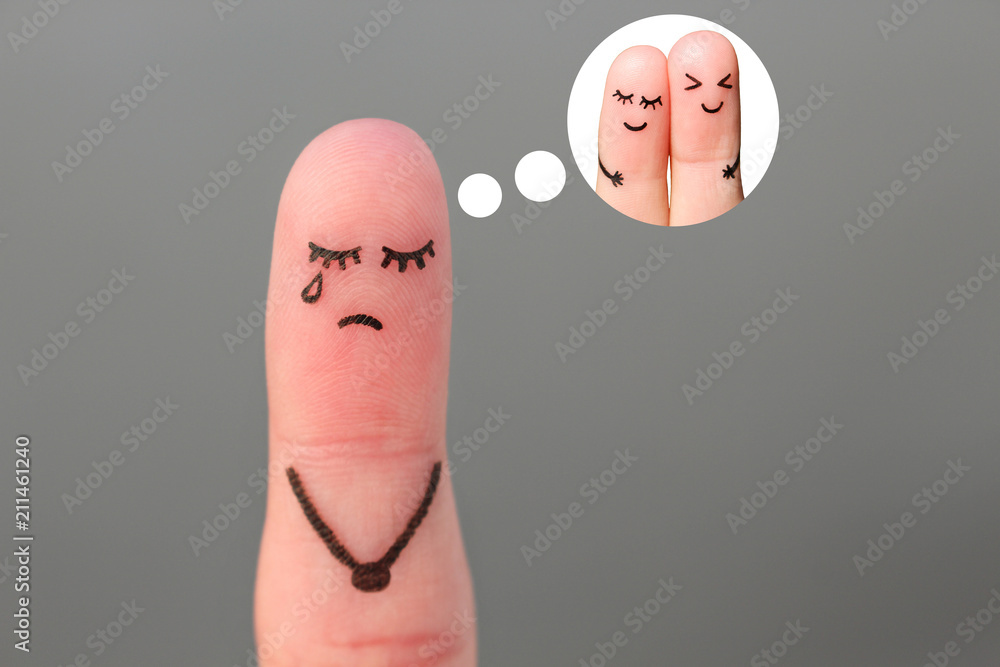 Finger art of lonely woman is crying. Concept of single girl remembers ...