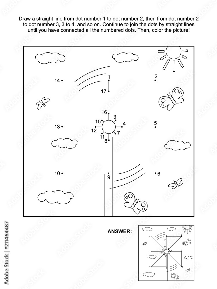 Connect the dots picture puzzle and coloring page with pinwheel. Answer ...