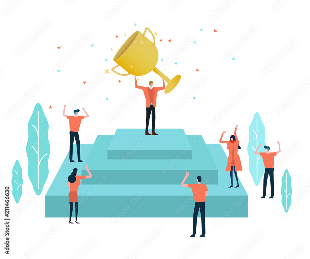 Business leader with a trophy and his team celebrating their success ...