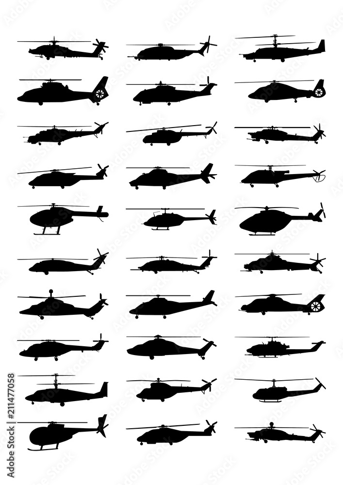 Military helicopters silhouette set. Isolated on white background ...