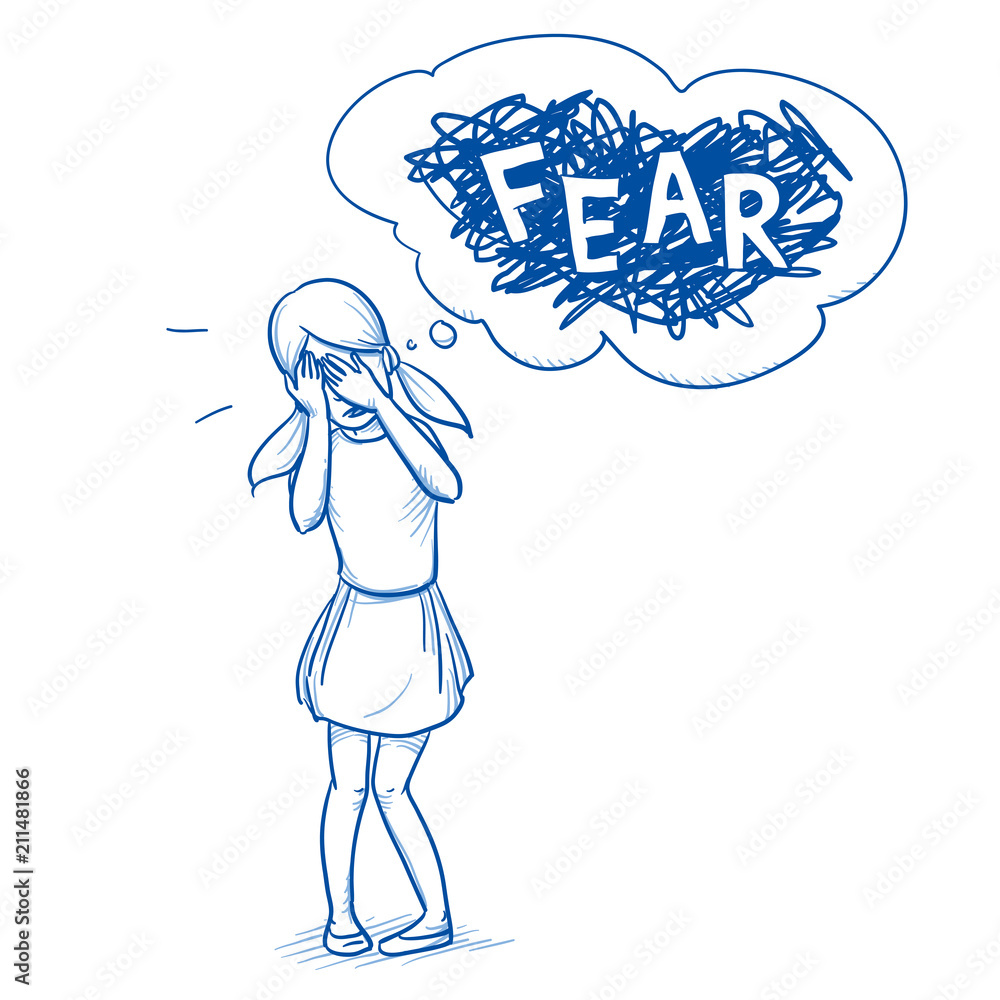 Young girl covering her eyes with fear. Hand drawn cartoon doodle ...