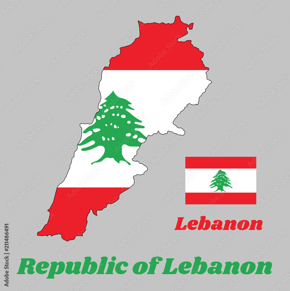 Map outline and flag of Lebanon, It is a horizontal triband of red and ...