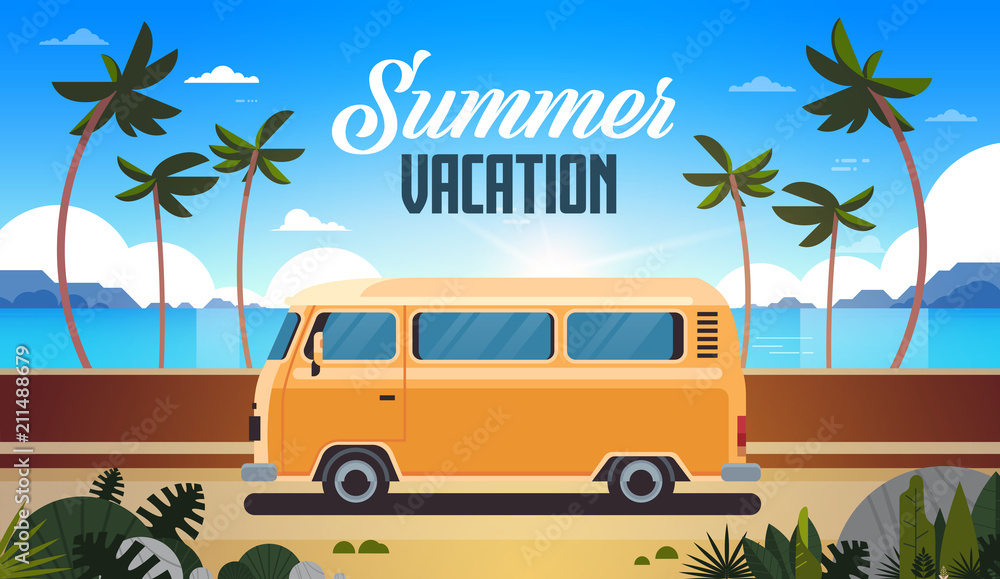 Summer vacation surf bus sunrise tropical beach retro surfing vintage ...