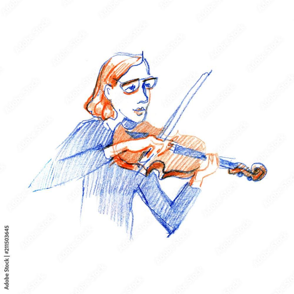 Young woman playing violin line sketch drawing. hand drawn color ...