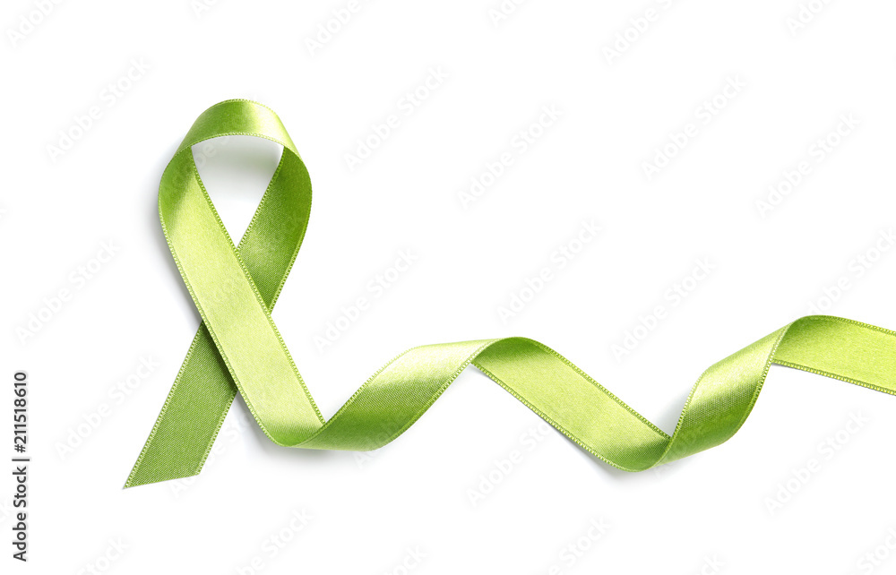 Green ribbon on white background, top view. Cancer awareness Stock ...