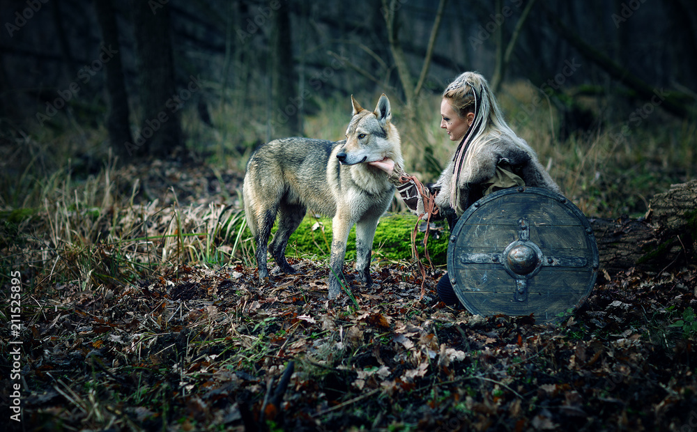 Warrior Woman Viking with a wolf in the woods. Reconstruction of a ...