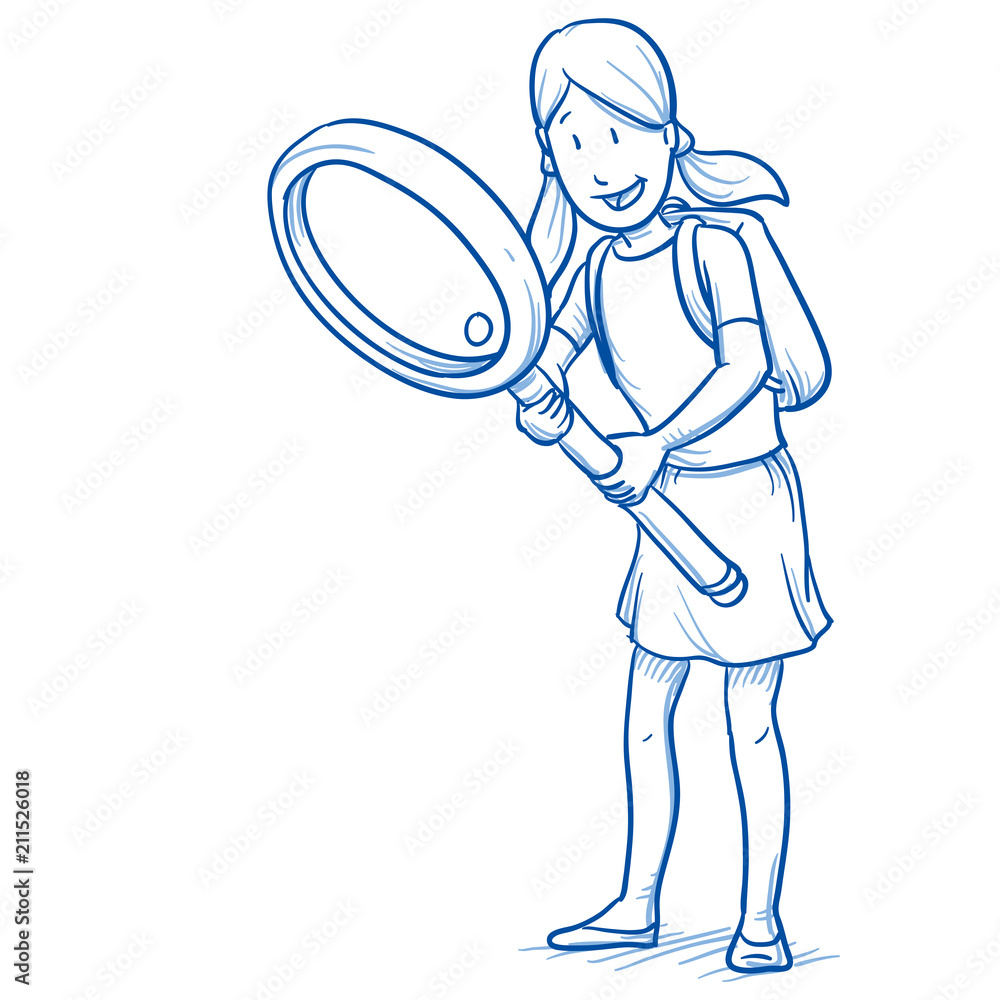 Happy young girl with school bag an magnifying glass looking for ...