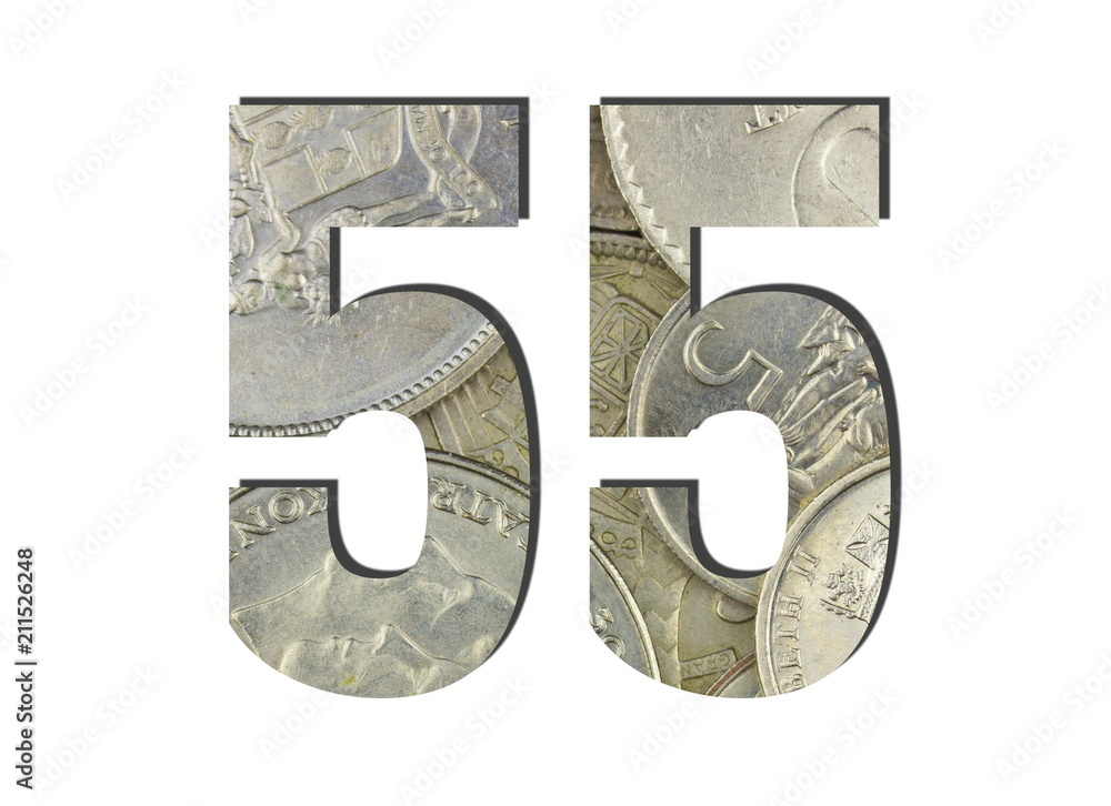 55 3d Number Shiny silver coins textures for designers. White isolated ...