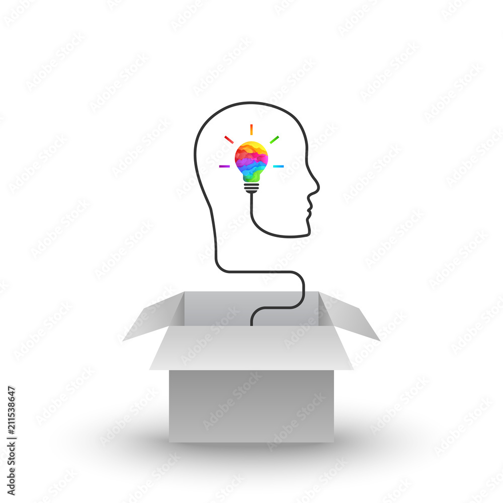 Out of the box thinking concept with open gray cardboard box, colorful ...