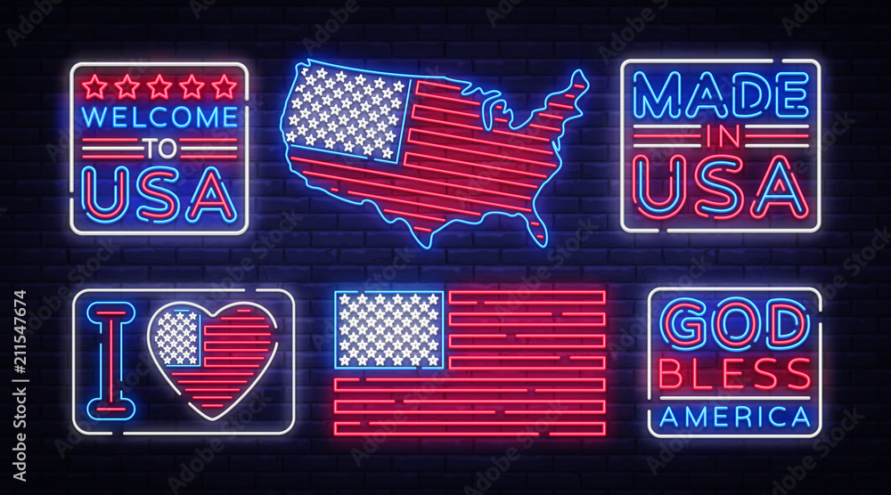 USA flag badges collection neon vector sign. I love USA, Made in USA ...