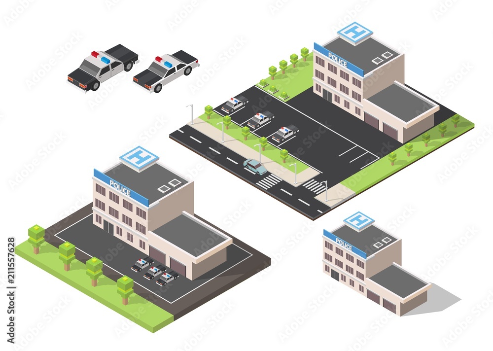 Isometric police station low poly building Stock Vector | Adobe Stock