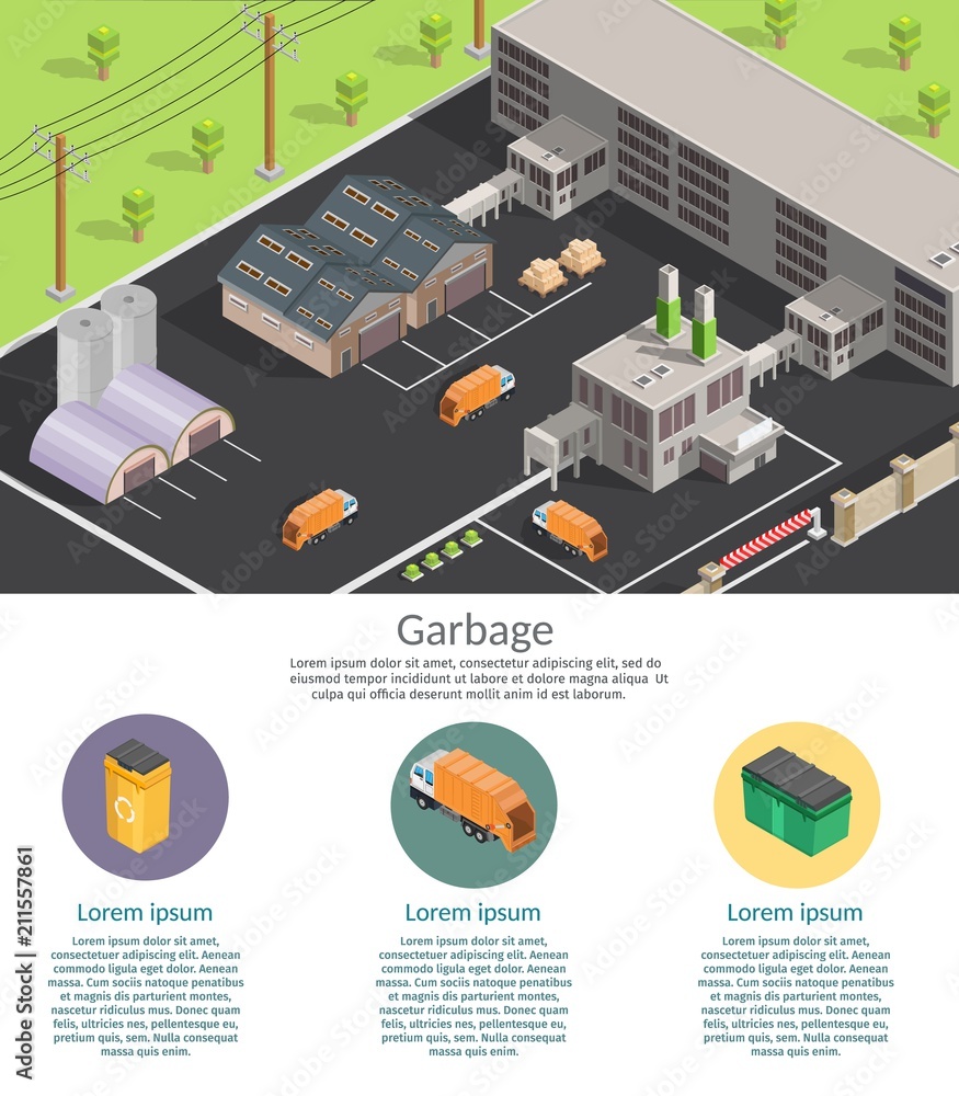 Isometric low poly waste processing plant template isolated ...