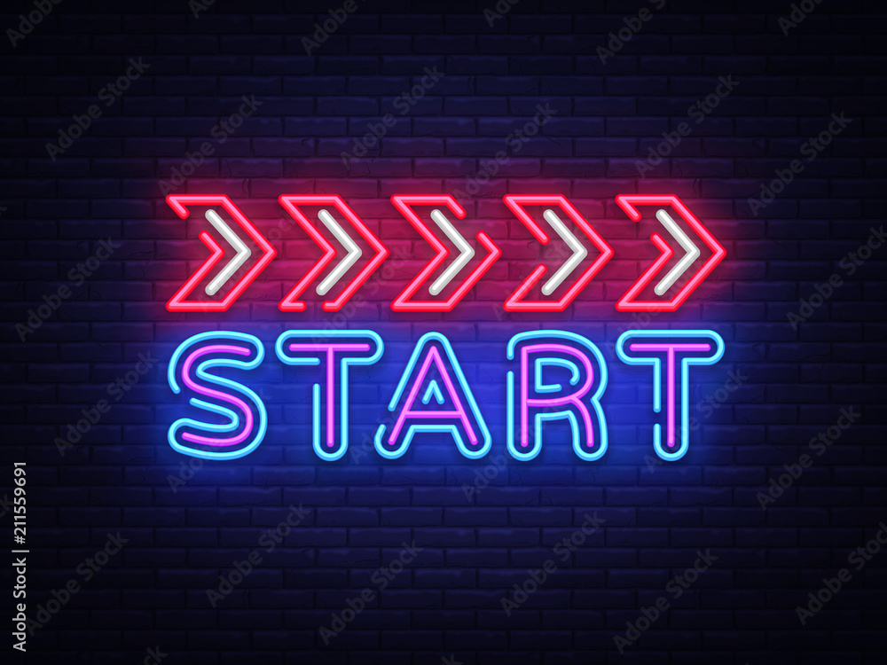 Start Neon sign vector design template. Start Race neon text, light ...
