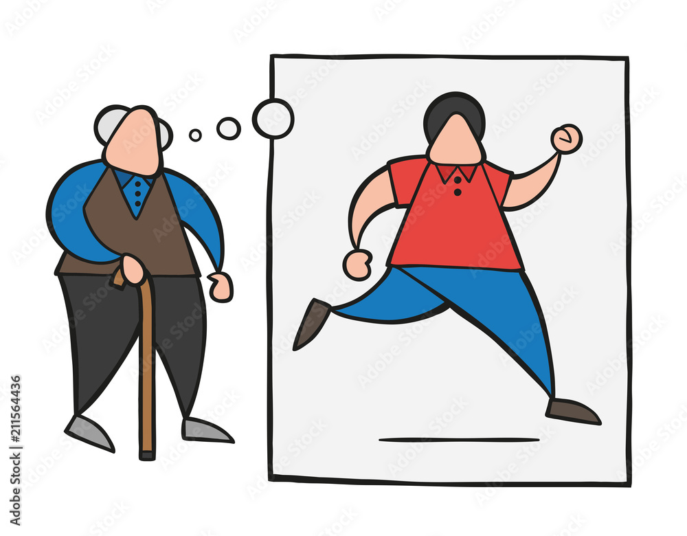 Vector cartoon old man walking with wooden walking stick and dreaming ...