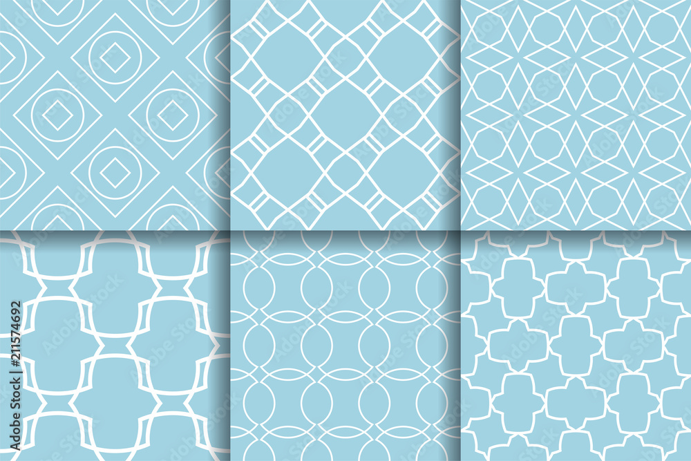 Geometric Patterns. Collection of Light blue seamless backgrounds wall ...