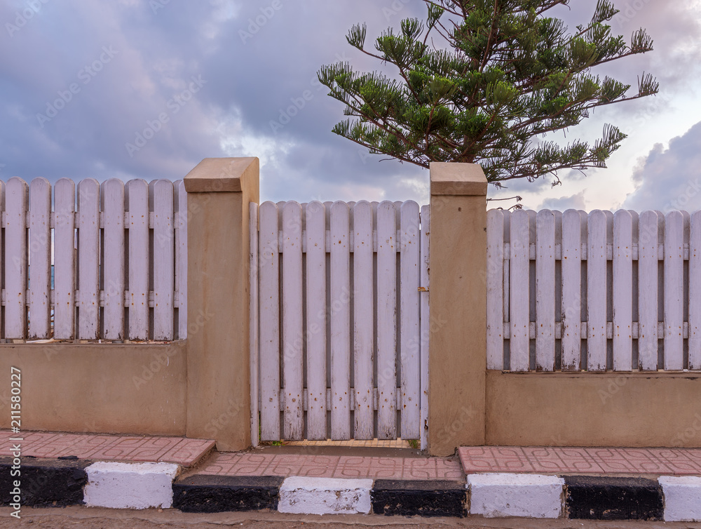White weathered wooden garden gate and fence with background of single ...