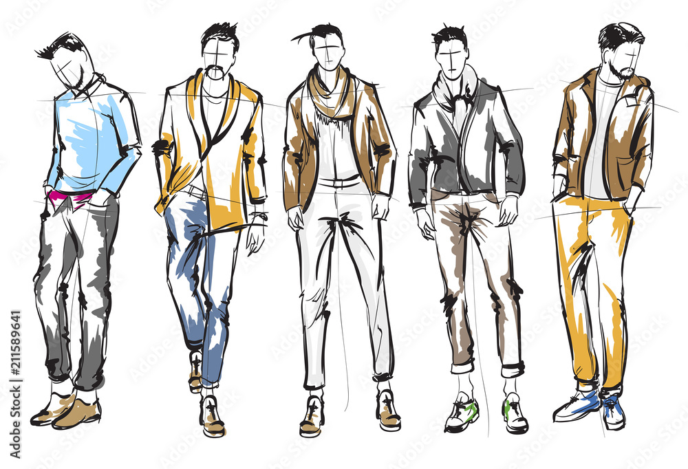 Fashion man. Set of fashionable men's sketches on a white background ...