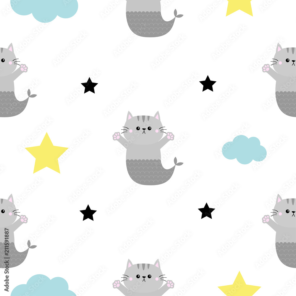 Cat mermaid fish tail, head, hands. Cloud, star shape. Cute cartoon ...