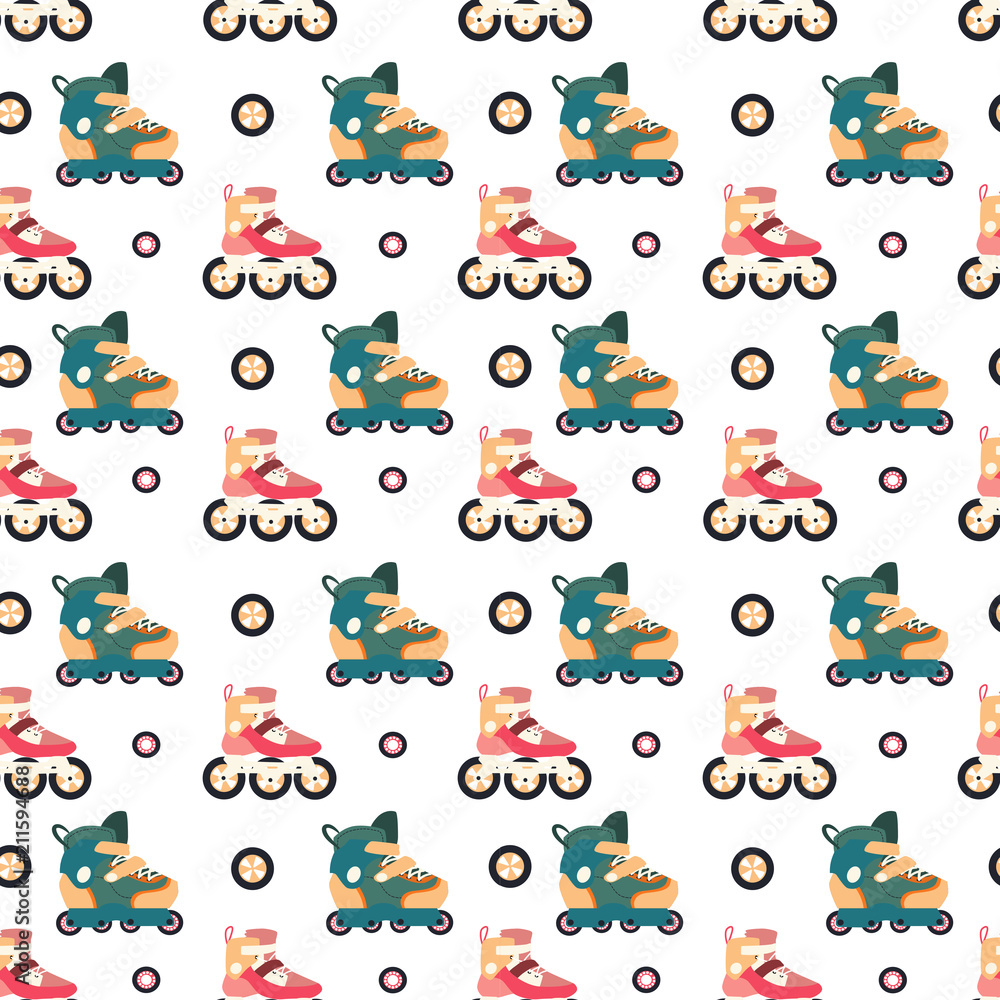 Seamless pattern with the roller skates and wheels isolated on a white ...