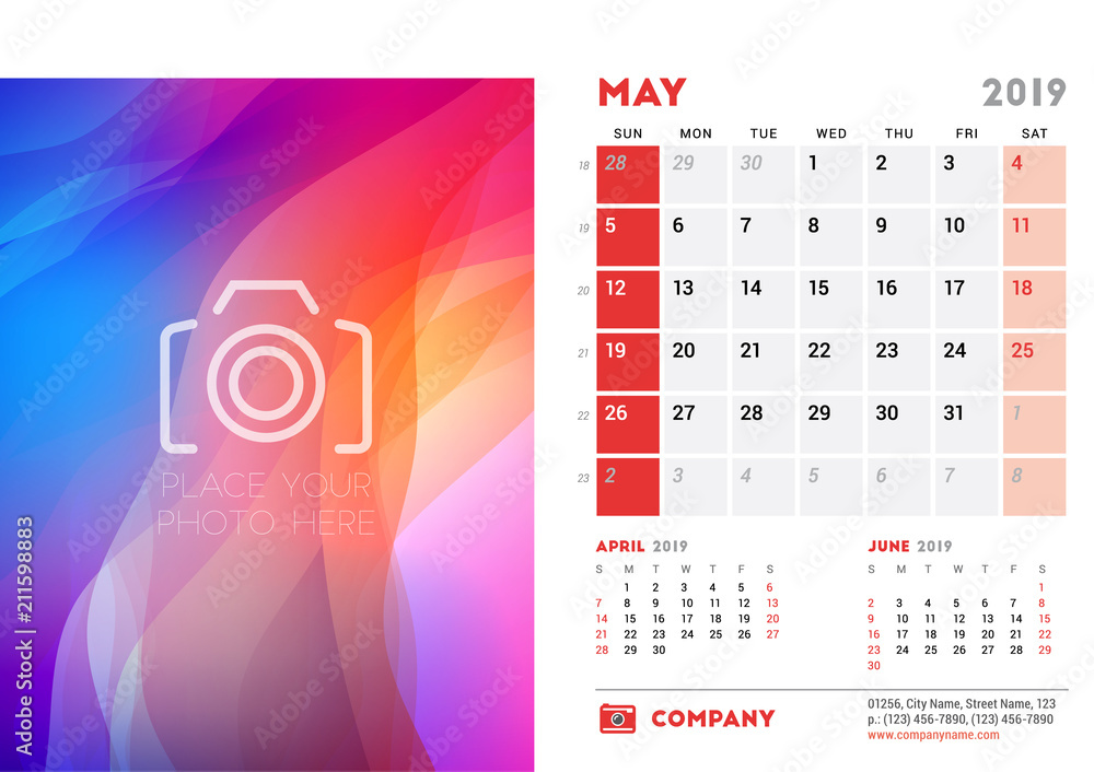 May 2019. Desk Calendar design template with place for photo. Week ...