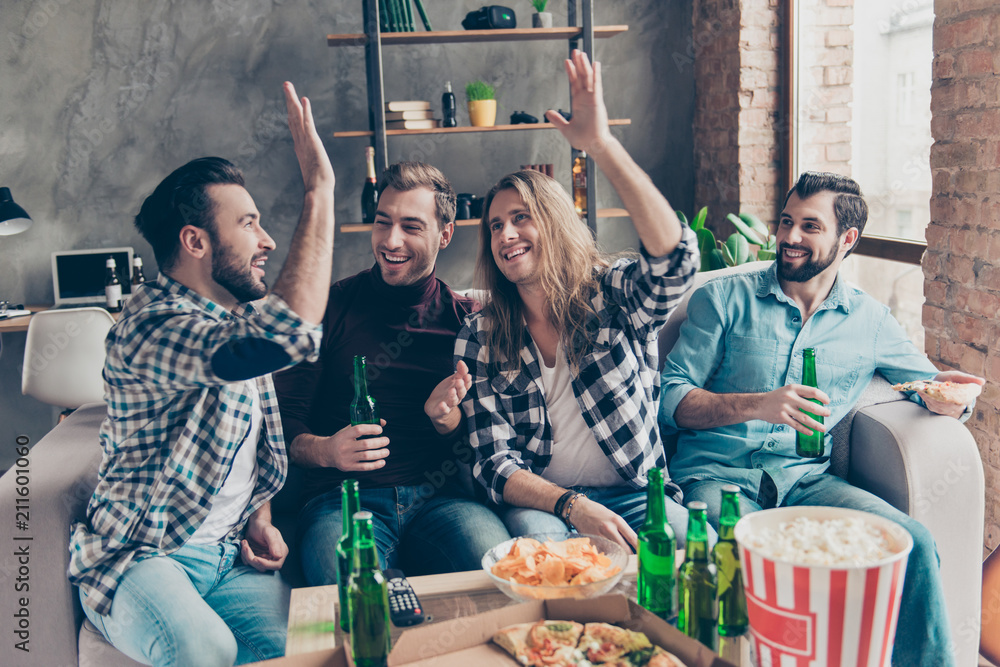 Give me five! Attractive, successful guys clapping palms, congratulate ...