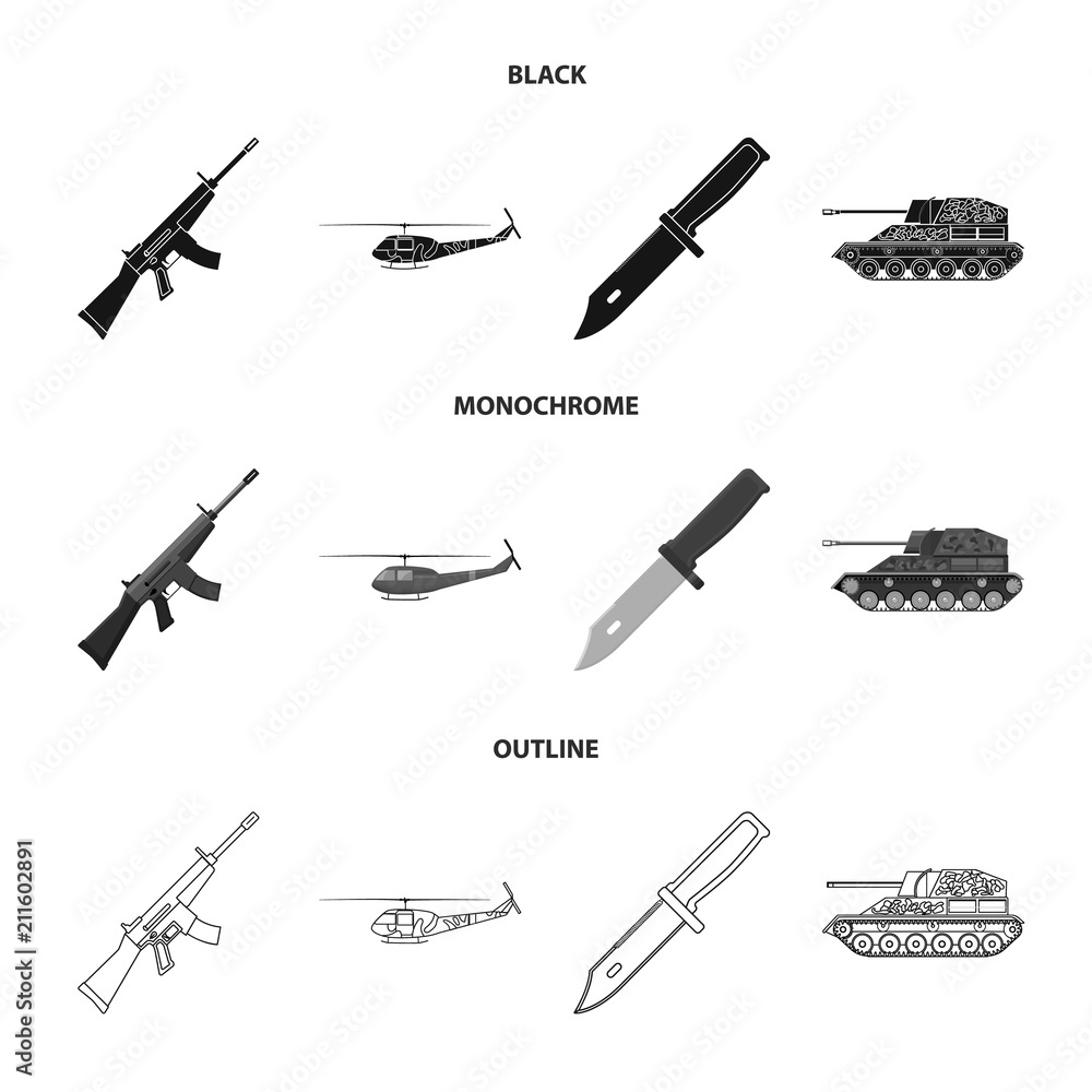 Assault rifle M16, helicopter, tank, combat knife. Military and army ...