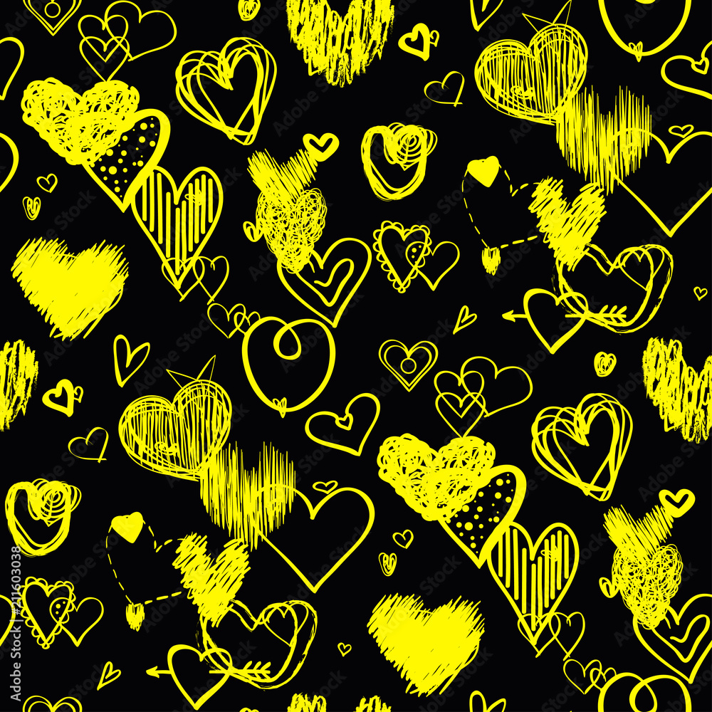 Hand drawn hearts on black background. Seamless texture. Line art. Love ...