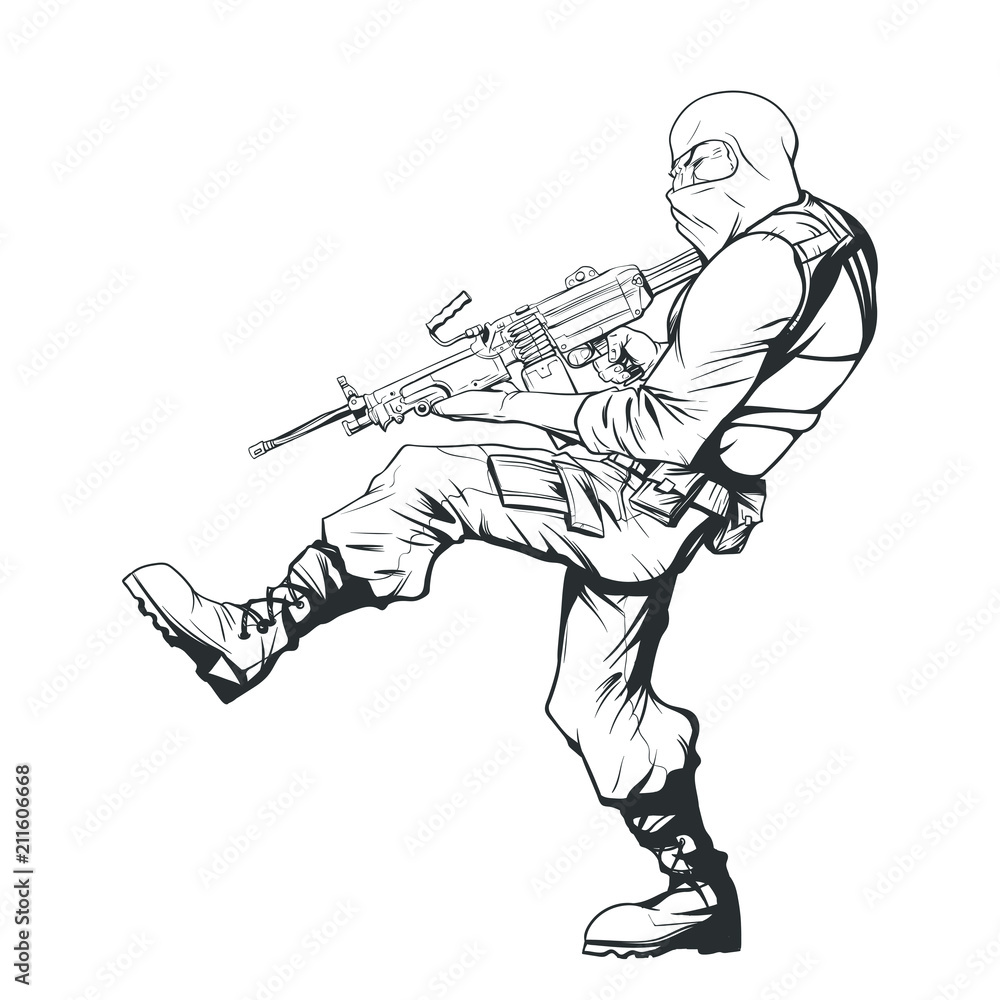contour drawing of soldier SWAT with a machine gun Stock Vector | Adobe ...