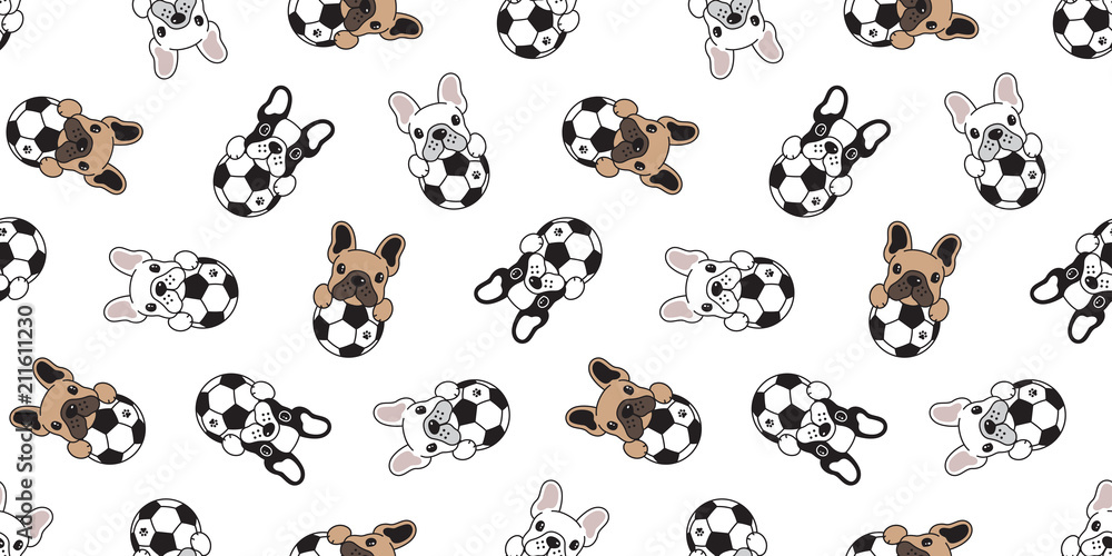 Dog soccer seamless pattern french bulldog vector football tile ...