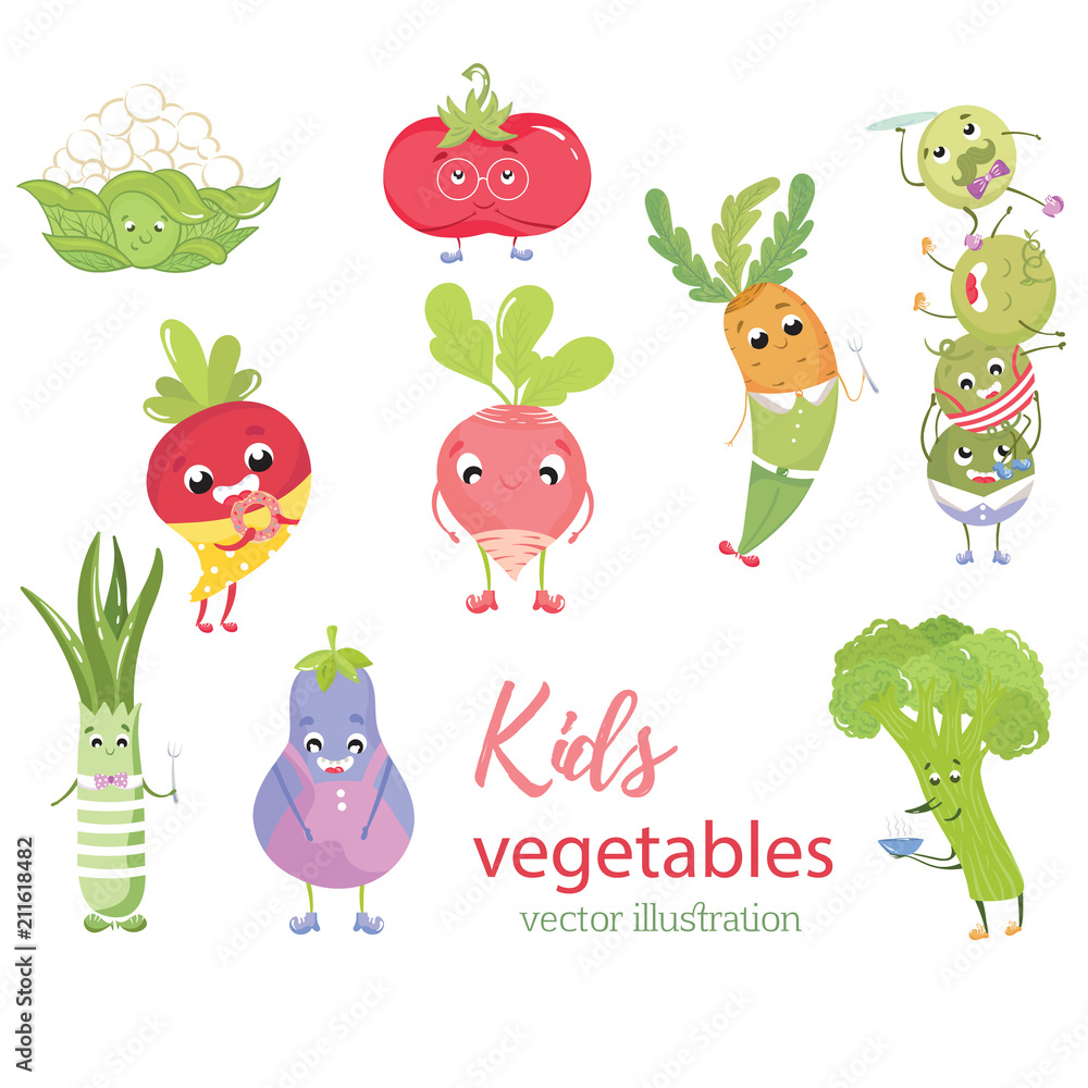 Vector set of cute cartoon vegetable characters. Food cartoon ...