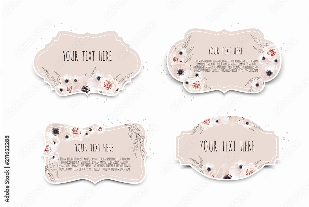 Vector labels set with flowers. Frame border with copy space Stock ...