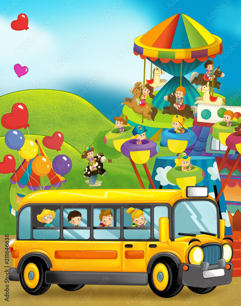 Cartoon scene of kids playing in the funfair and school bus on the trip ...