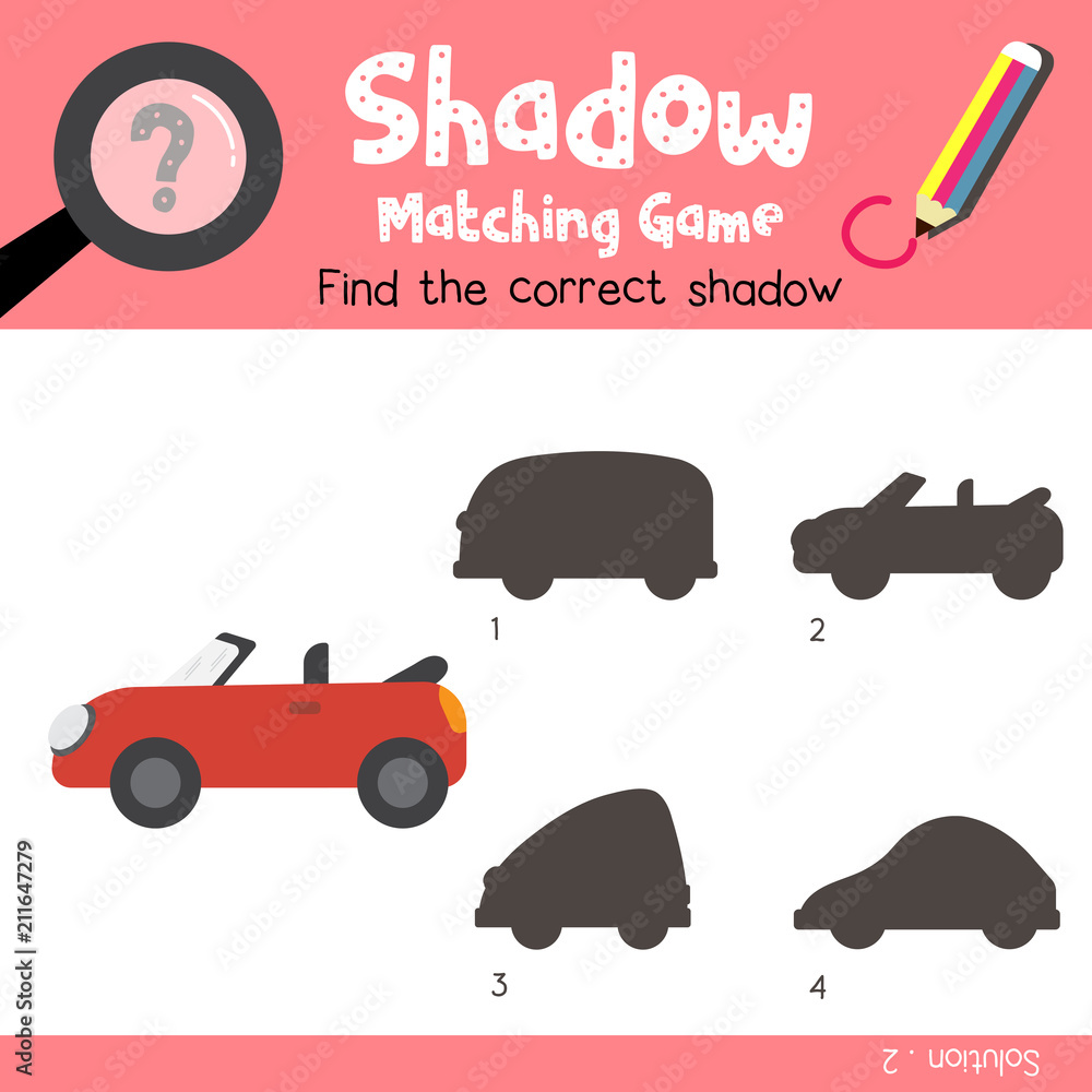 Shadow matching game of Convertible cartoon character side view ...