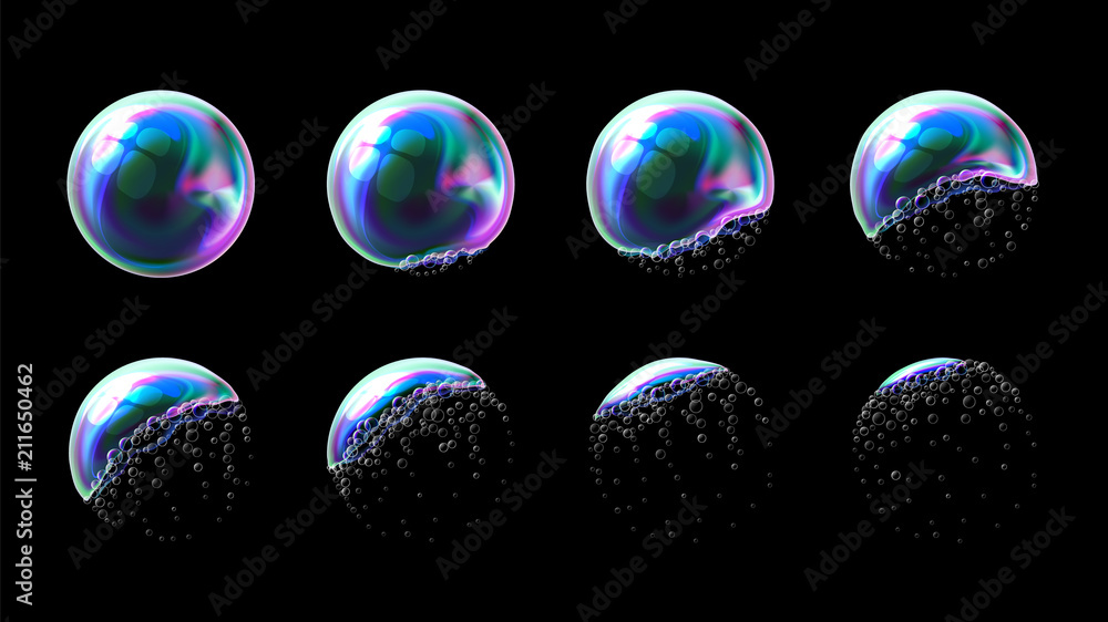 Vector set of realistic transparent colorful soap bubbles in stages of ...