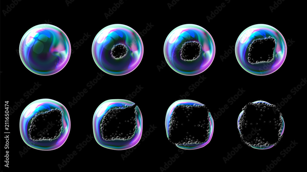 Vector set of realistic transparent colorful soap bubbles in stages of ...