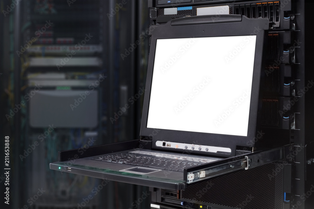 Server computer blank KVM display in the modern interior of data center ...