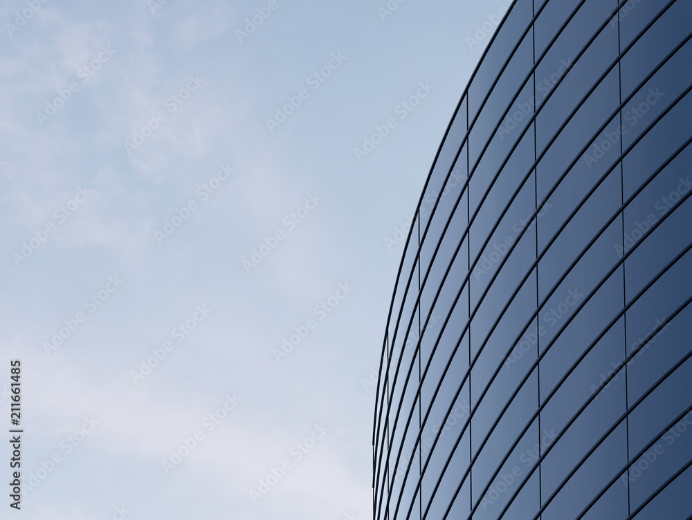 3D stimulate of high rise curve glass building and dark steel window ...