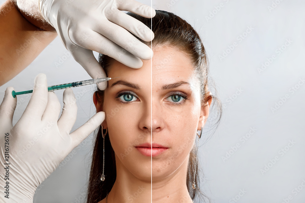 Comparison. Portrait of a young woman, comparing youth and old age, the ...