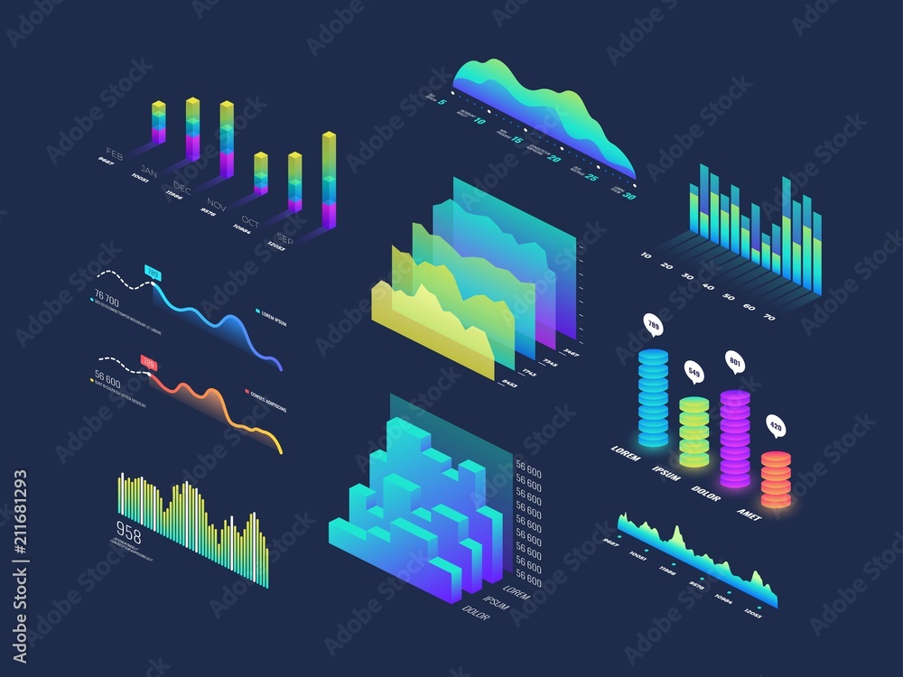 Future tech 3d isometric data finance graphic, business charts ...