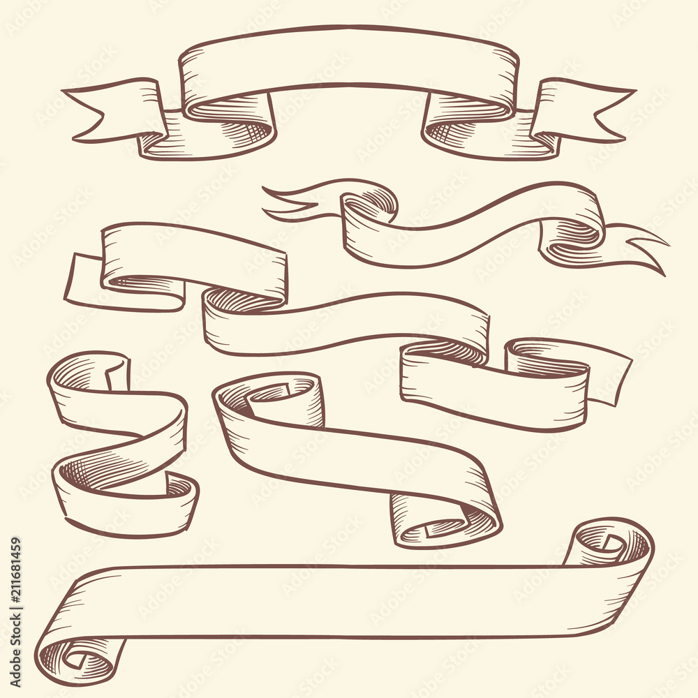 Vintage victorian scroll ribbon banners, old tag labels vector hand ...