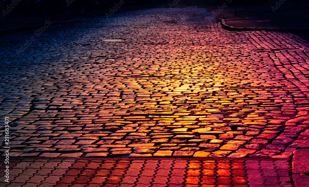 cobblestone pavement in purple the sunlight, concept of night city,Kiev ...