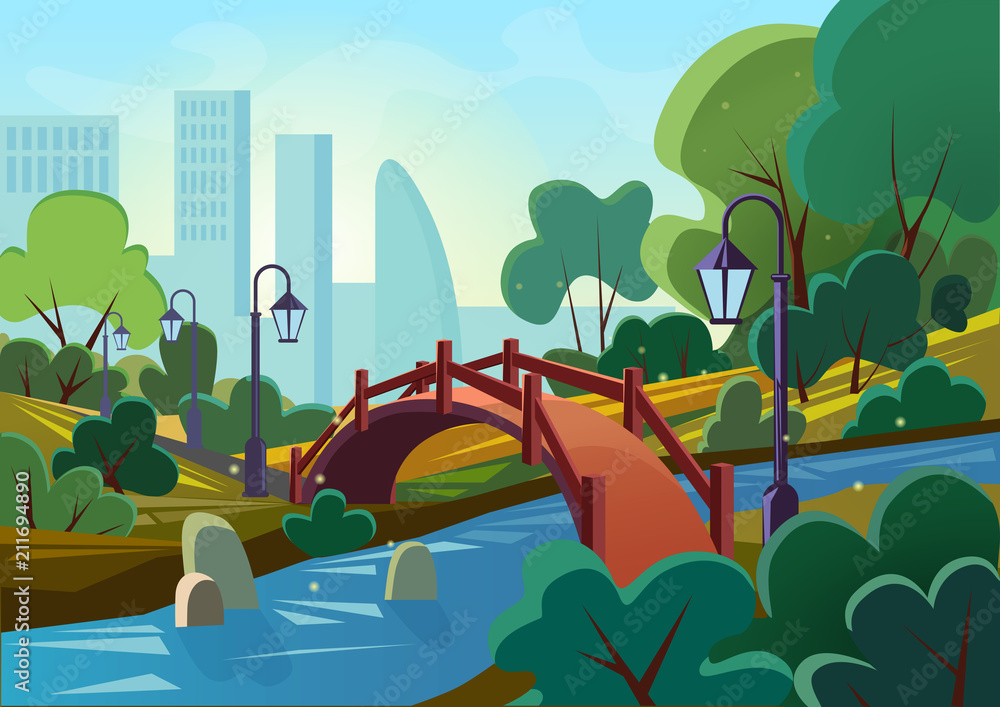 Vector cartoon illustration of a beautiful summer public city park with ...