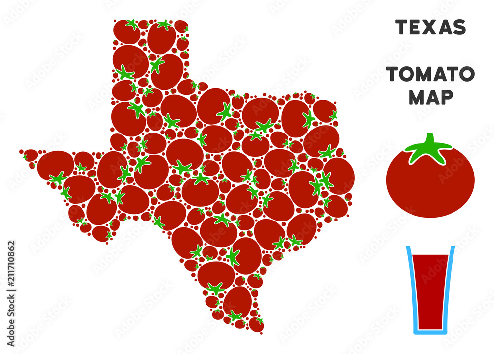 Texas map composition of tomato in different sizes. Vector tomato ...